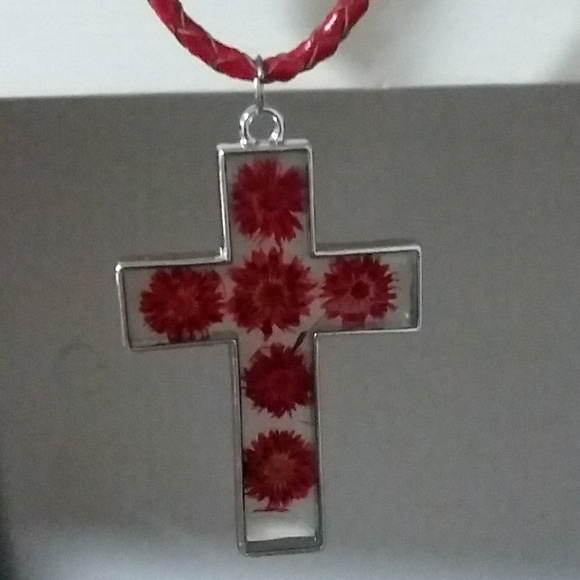 lori and jo | Jewelry | Real Dried Flowers Red Religious Cross Leather ...